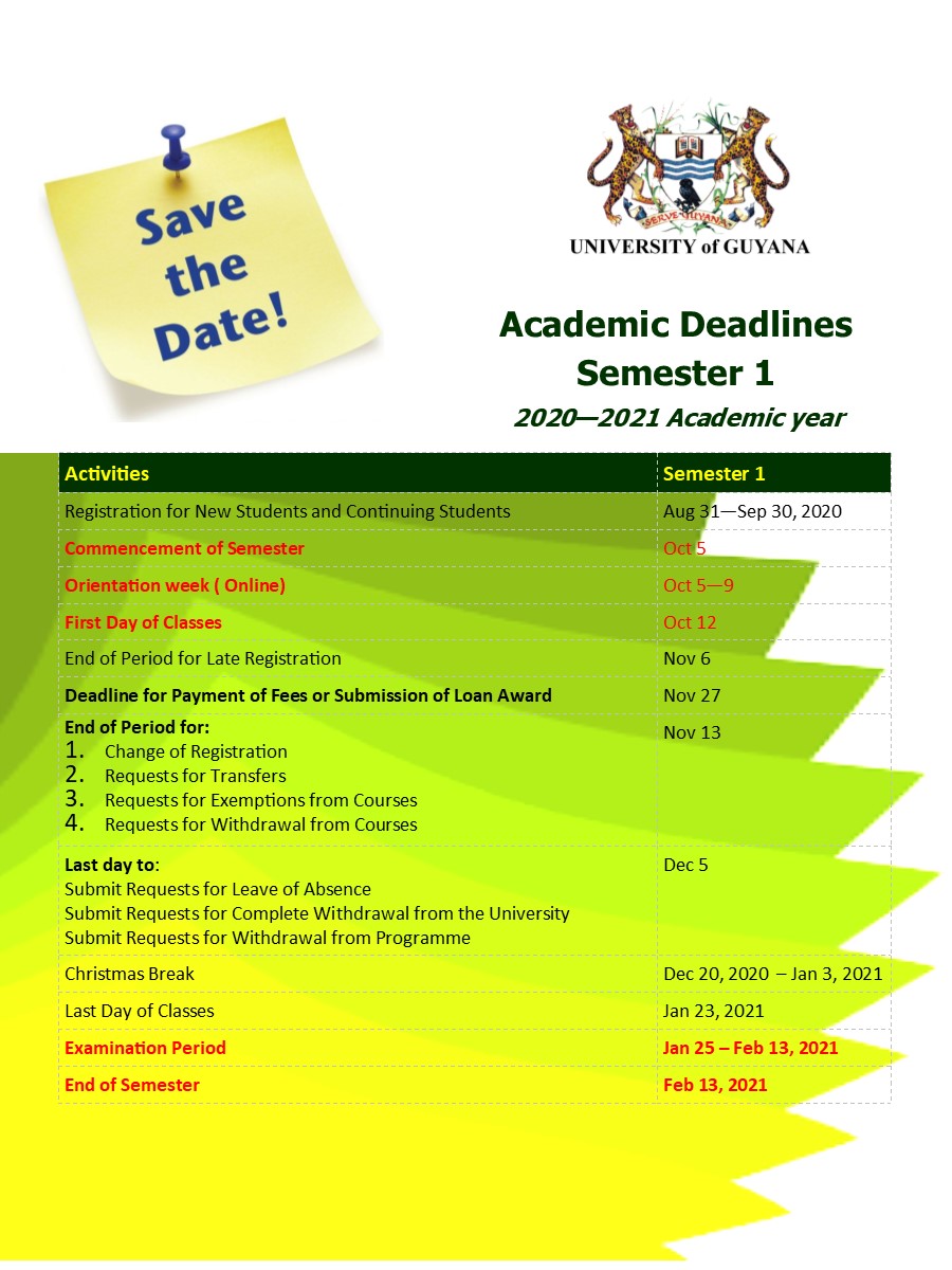 Academic Deadlines 2020/2021 - Semester 1 | University of Guyana
